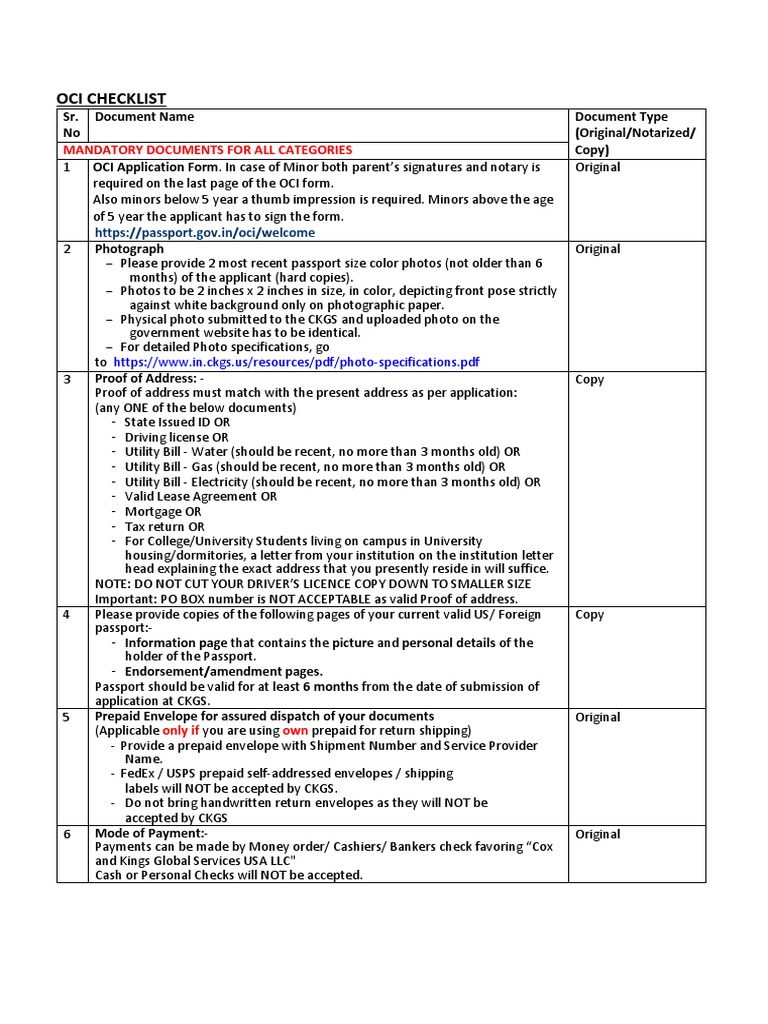 OCI Checklist | PDF