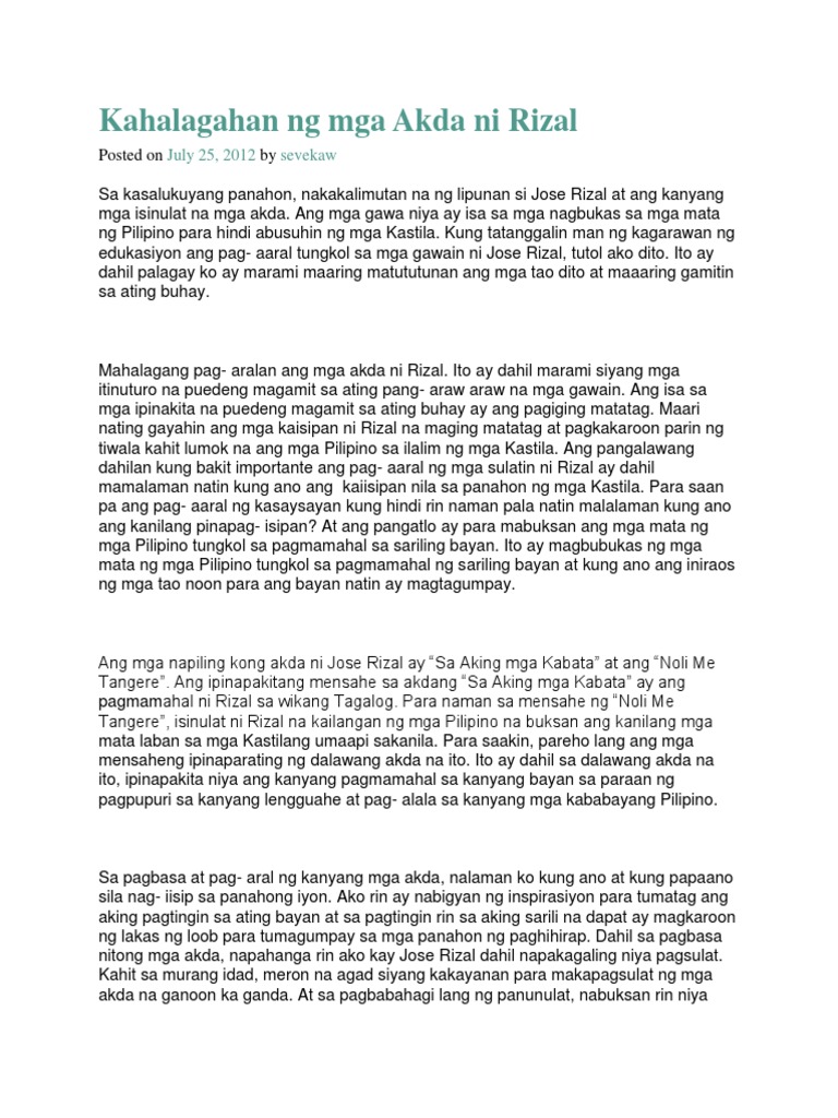 Kahalagahan NG Mga Akda Ni JOSE RIZAL | PDF