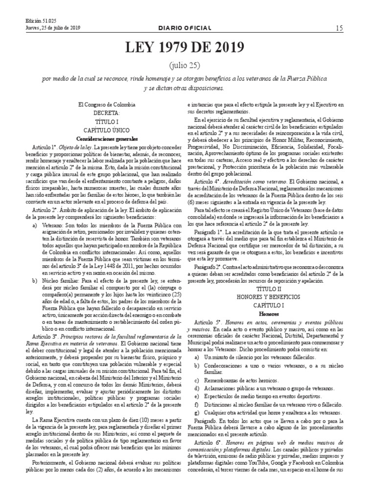 Ley 1979 de 2019 (Rinde Homenaje y Se Otorgan Beneficios A Los Veteranos de La Fuerza Pública ...