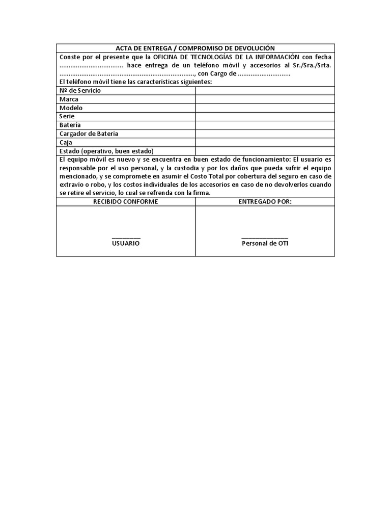 Acta de Entrega Compromiso de Devolución | PDF