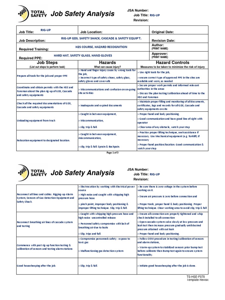 Job Safety Analysis - RIG-UP OF GDS, CASCADE & SAFETY EQUIPMENT | PDF