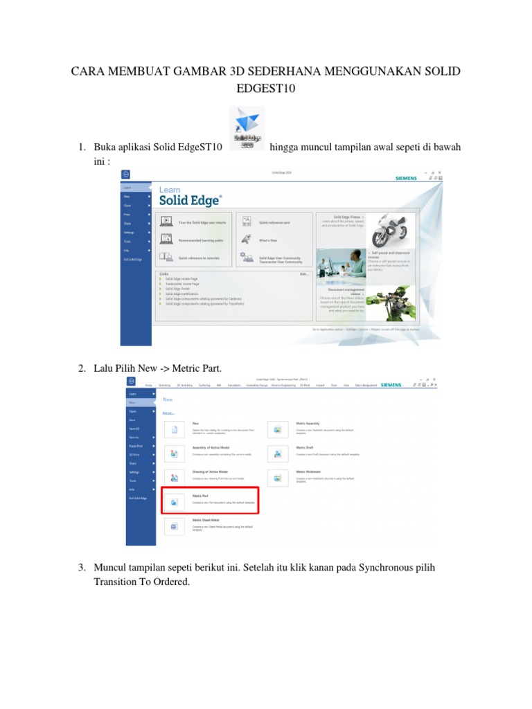 Cara Membuat Gambar 3D Sederhana Menggunakan Solid Edgest10 | PDF