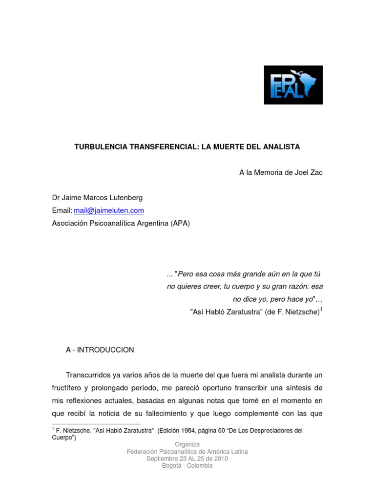 Lutenberg Muerte Del Analista | PDF | Psicoanálisis | Carné de identidad