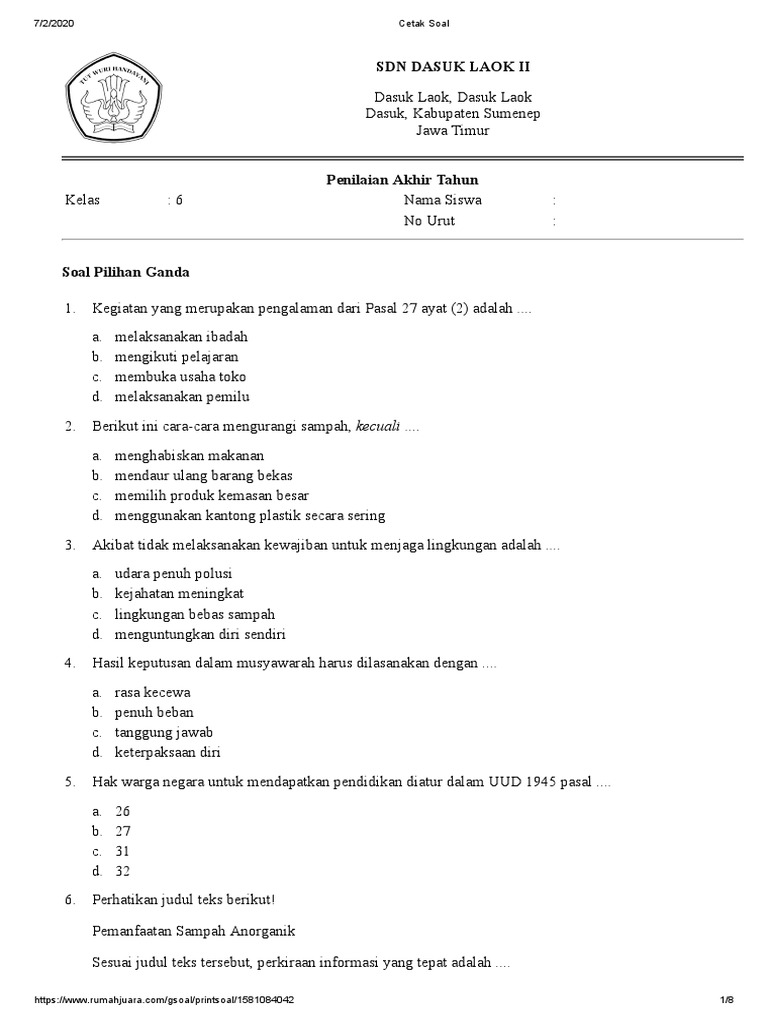 Cetak Soal PAT TEMA 8 | PDF