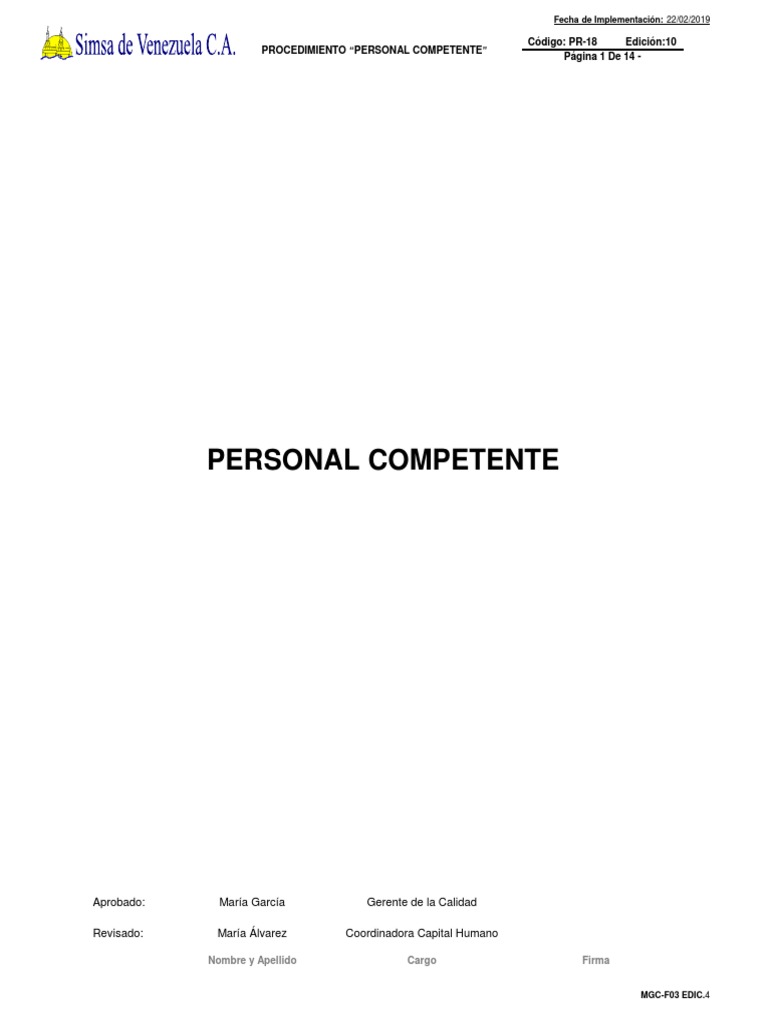 PR-18 Personal Competente | PDF | Sistema de manejo de calidad ...