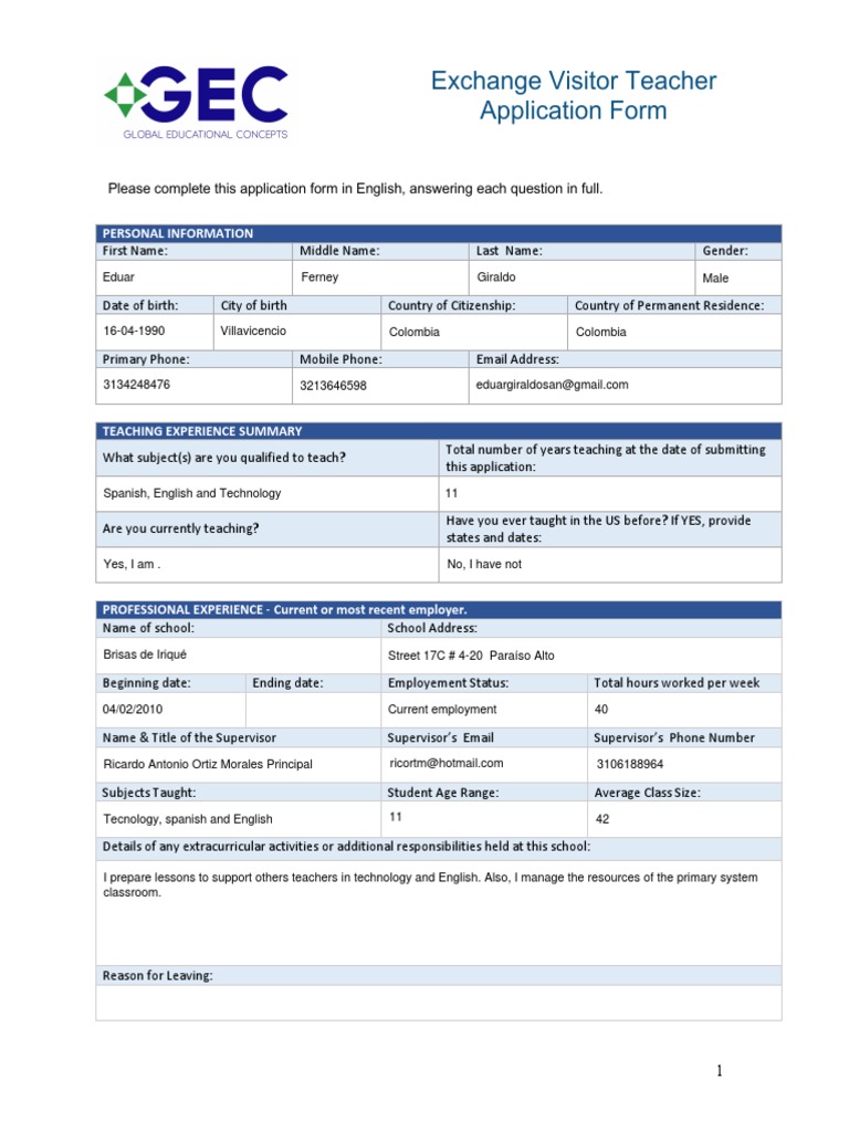GEC Teacher Application General 2020-1 | PDF