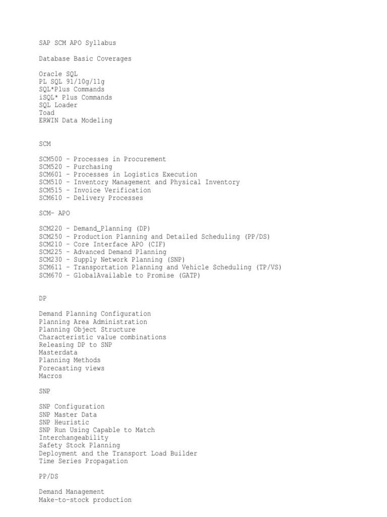 Sap SCM Apo Syllabus | PDF | Pl/Sql | Databases