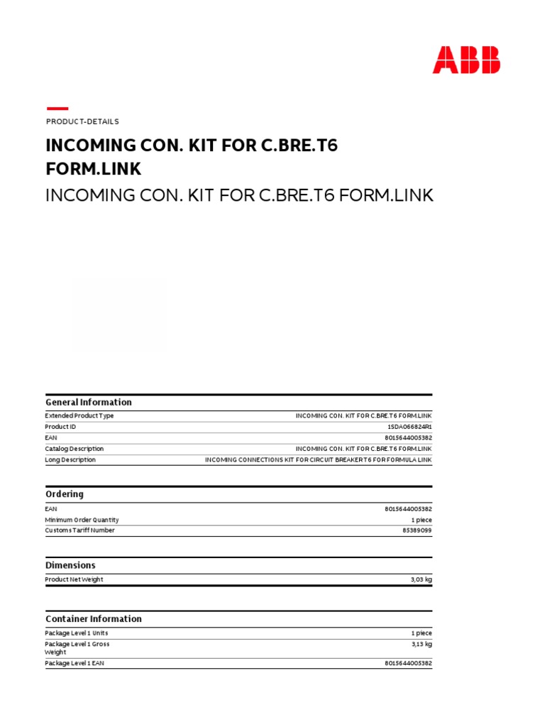 1SDA066824R1 Incoming Con Kit For C Bre t6 Form Link | PDF