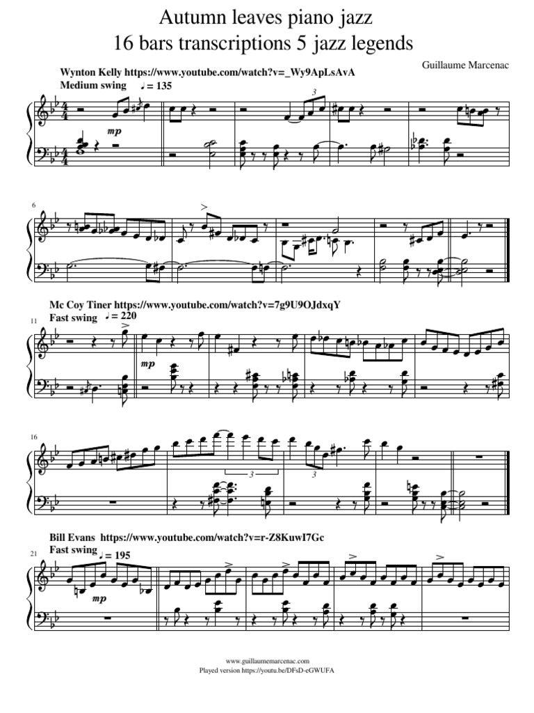 Autumn Leaves Piano Jazz 16 Bars Transcriptions 5 Jazz Legends PDF | PDF