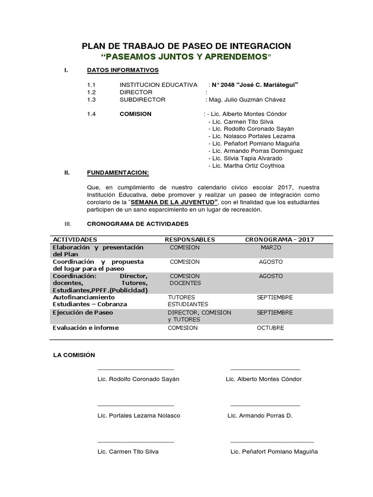 Plan de Trabajo de Paseo | PDF