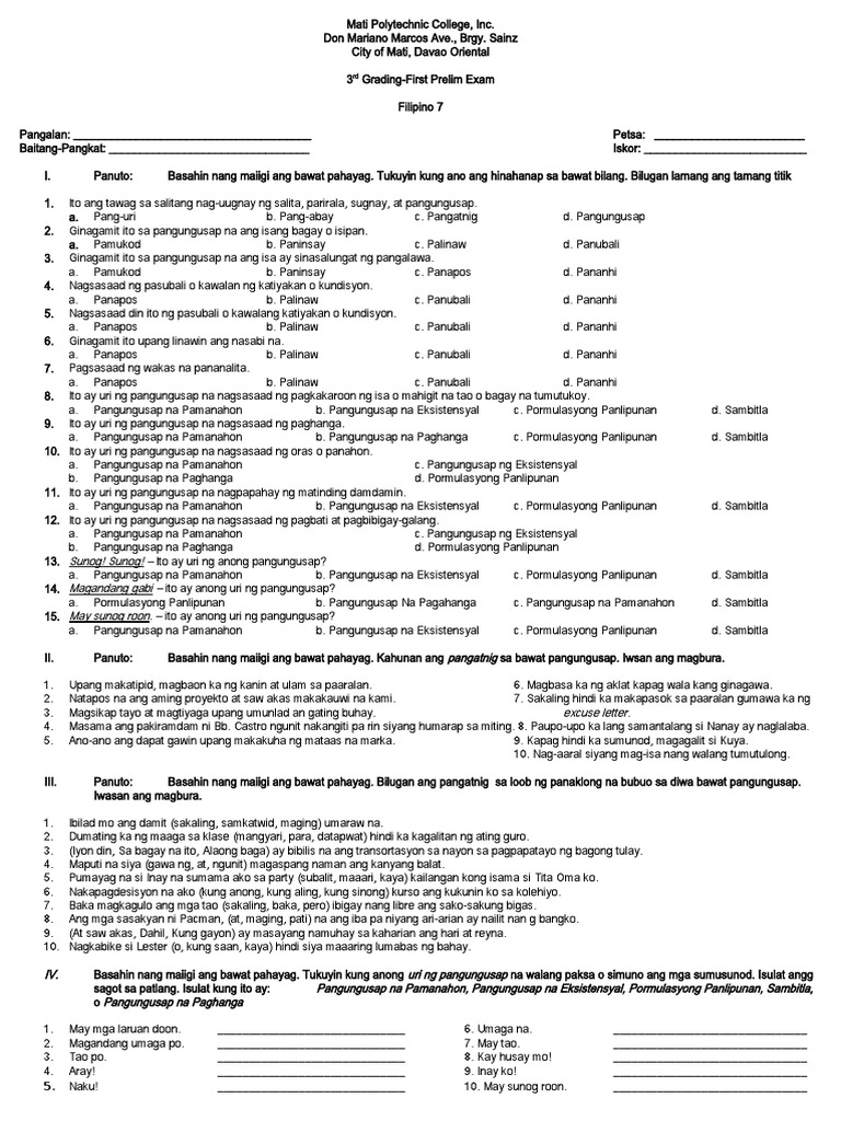 3rd Grading - First Prelim Filipino 7 | PDF