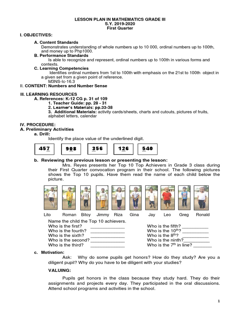 Lesson Plan in Math 3-COT First Quarter | PDF