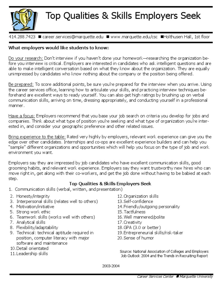 Top Skills Employers Seek | PDF | Interview | Employment