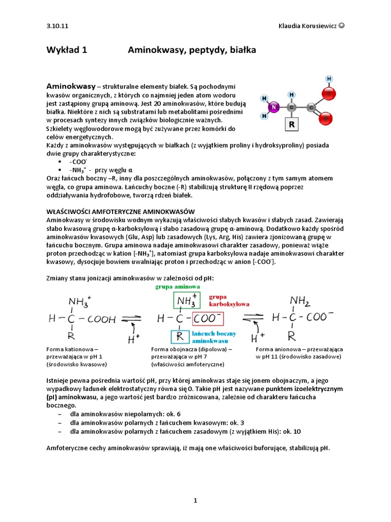 Wykład 1 Aminokwasy PDF | PDF