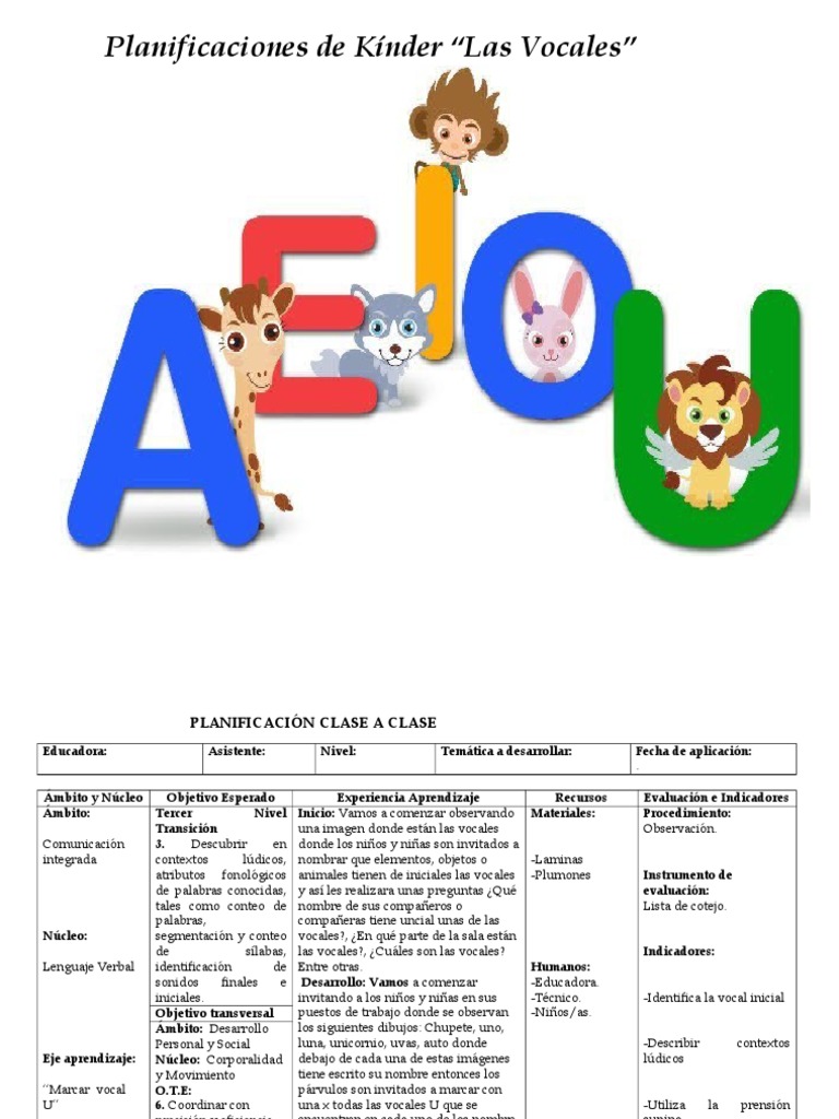 Planificaciones de Las Vocales Kinder B.N.O | PDF