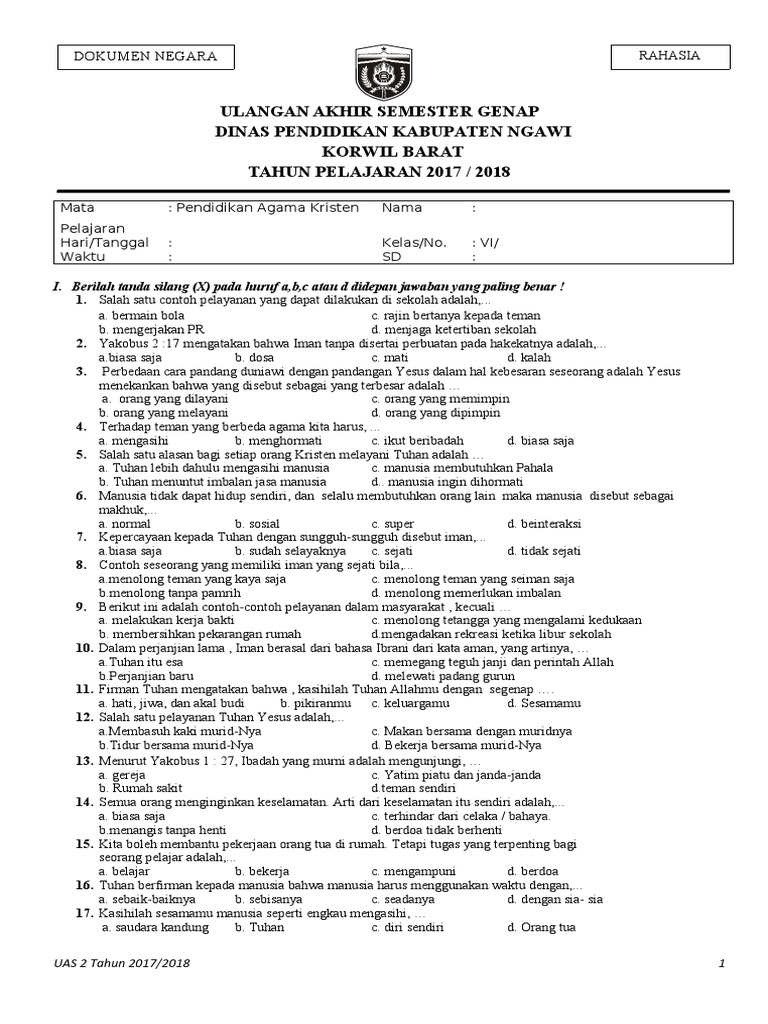 1a.soal PA Kristen Kls 6 | PDF