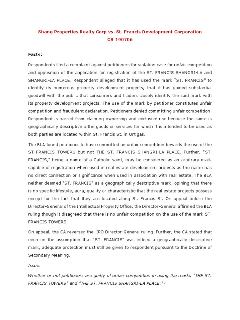 Unfair Competition Case: St. Francis Marks | PDF