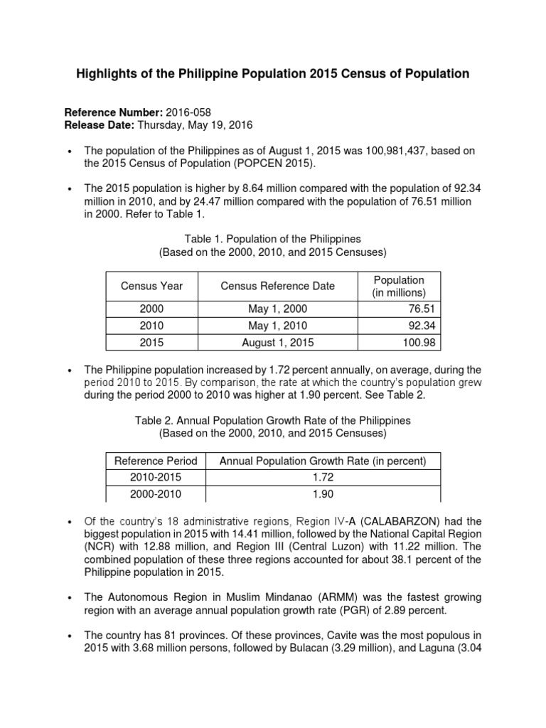 Highlights of The Philippine Population 2015 Census of Population | PDF