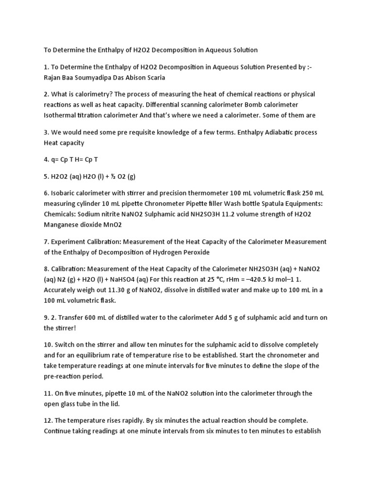How To Determine The Enthalpy of H2O2 Decomposition in Aqueous Solution ...