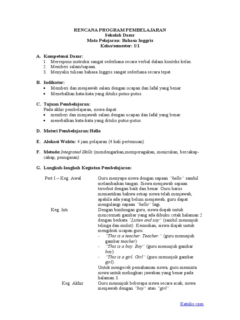 RPP K13 Bahasa Inggris Kelas 1 Semester 1 Revisi 2019 | PDF