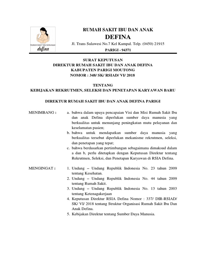 Kebijakan Rekrutmen Karyawan RSIA Defina | PDF
