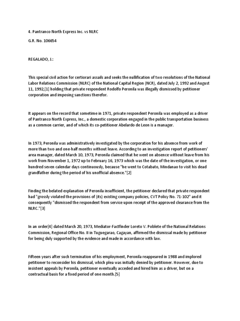Pantranco North Express Inc Vs NLRC | PDF