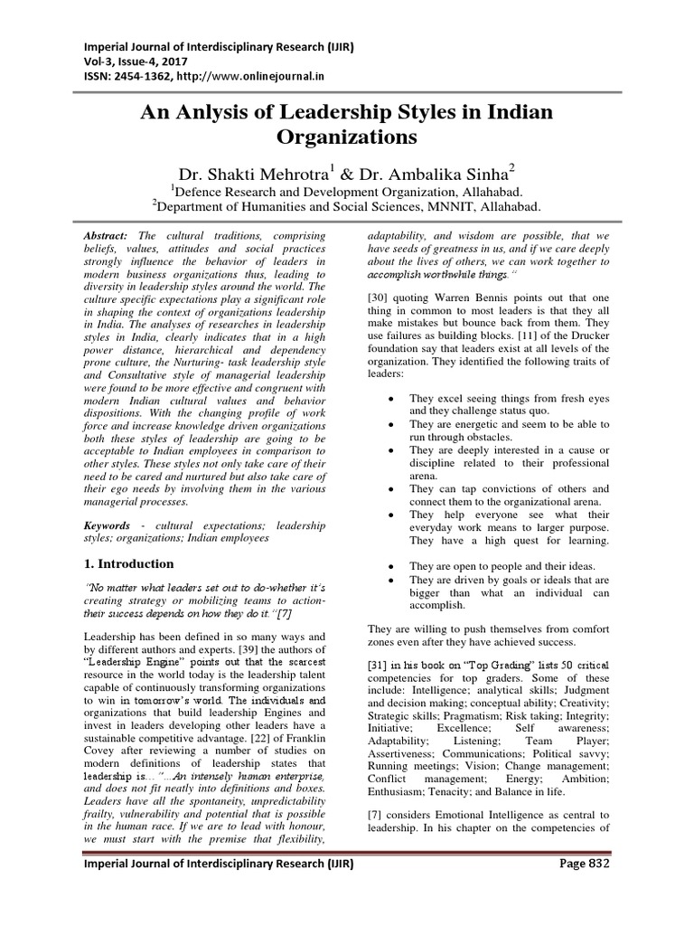 An Anlysis of Leadership Styles in Indian Organizations (2017)