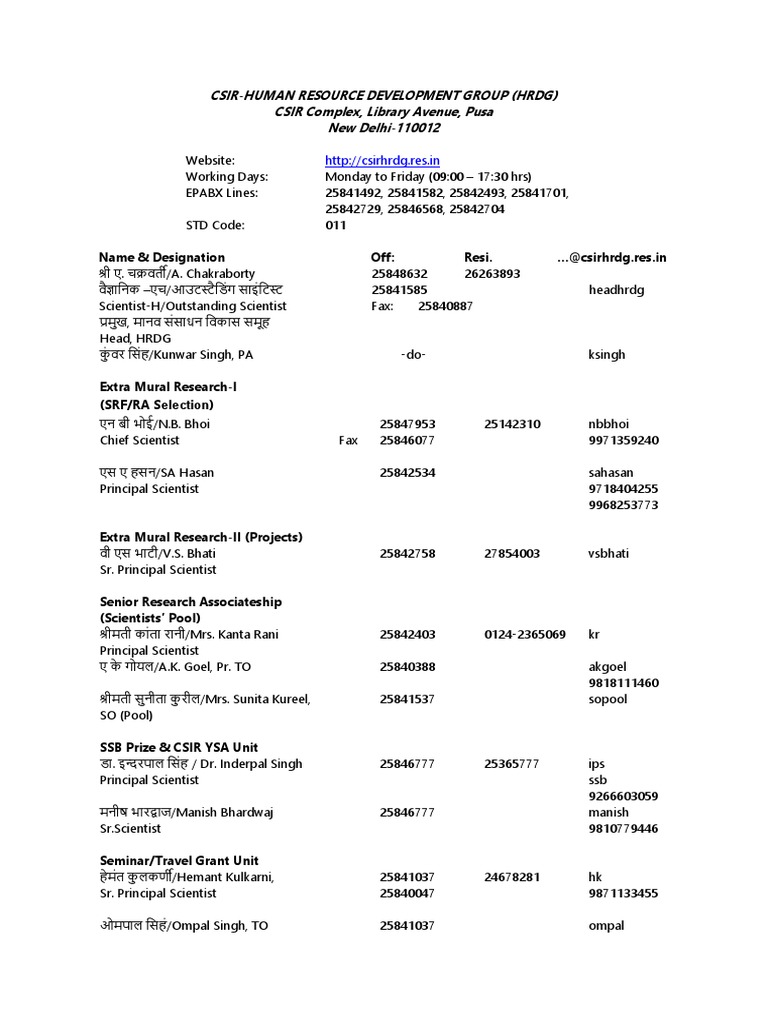 CSIR-HRDG: Contactos y Horarios | PDF
