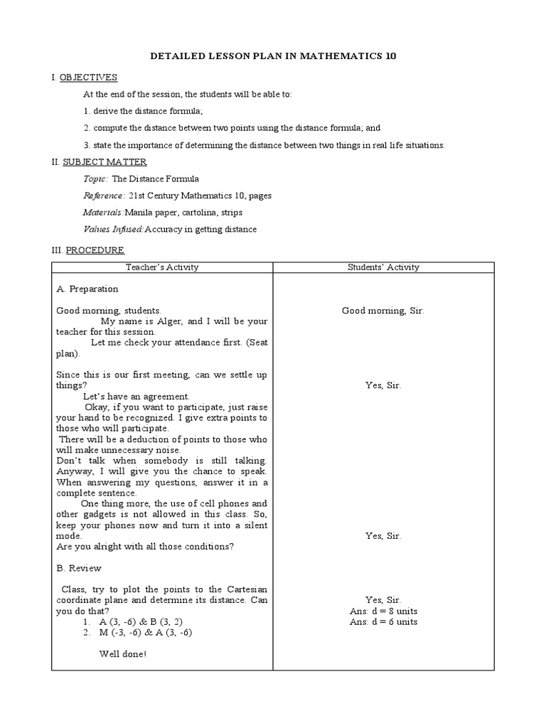 Distance Formula Lesson Plan for Grade 10 | PDF | Teaching Methods ...