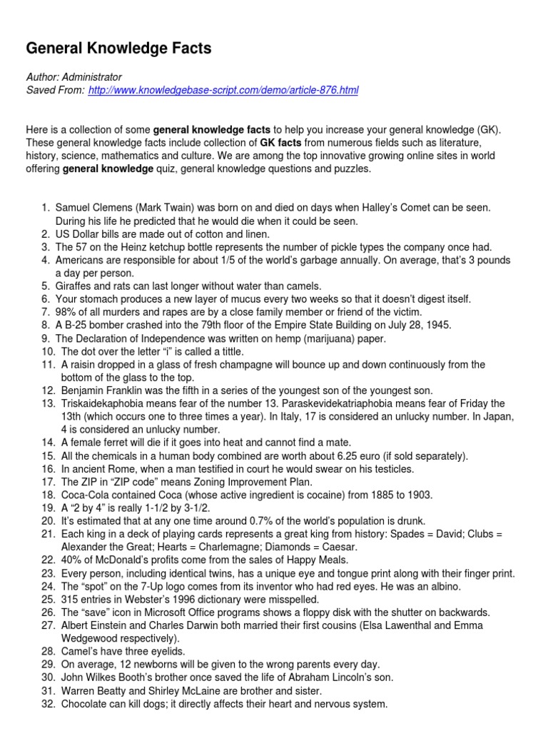 General Knowledge Fun Facts Collection | PDF | The United States | Unrest