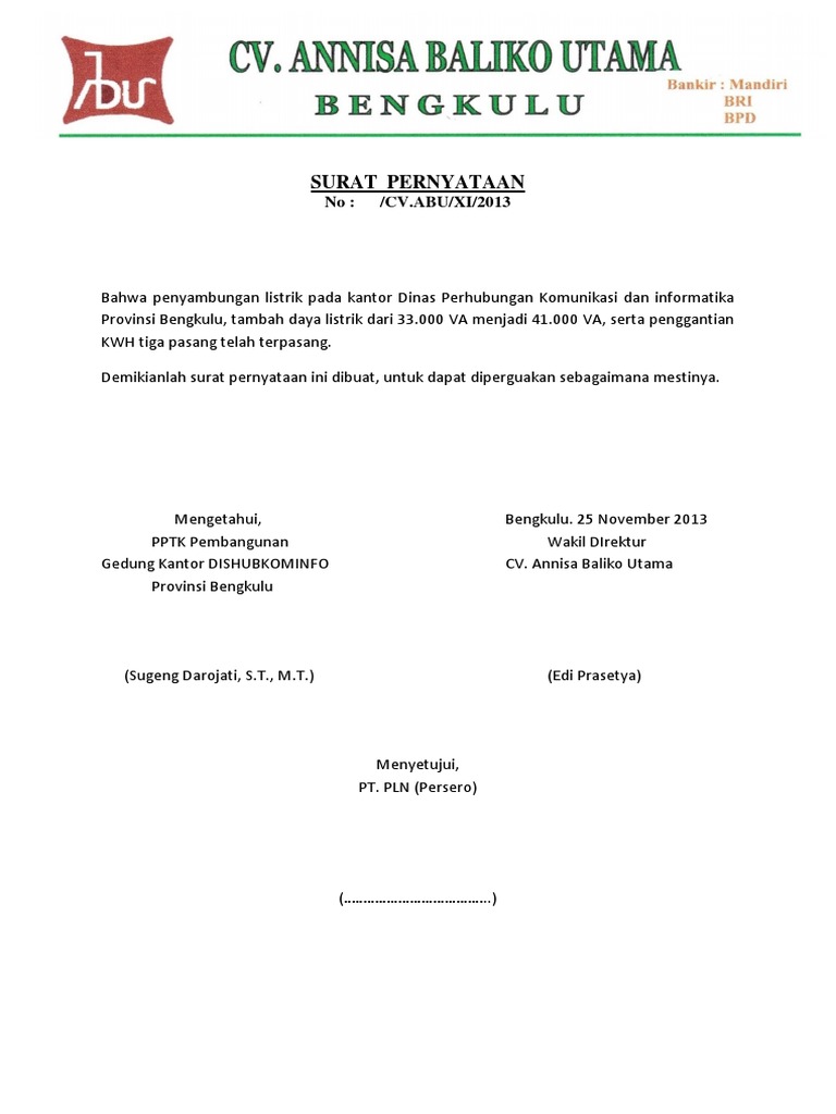 Surat Pernyataan Pln Pdf
