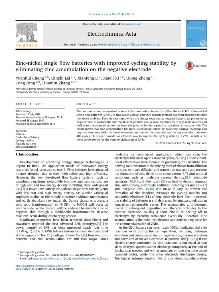 Zinc-Nickel Single Flow Batteries With Improved Cycling Stability | PDF