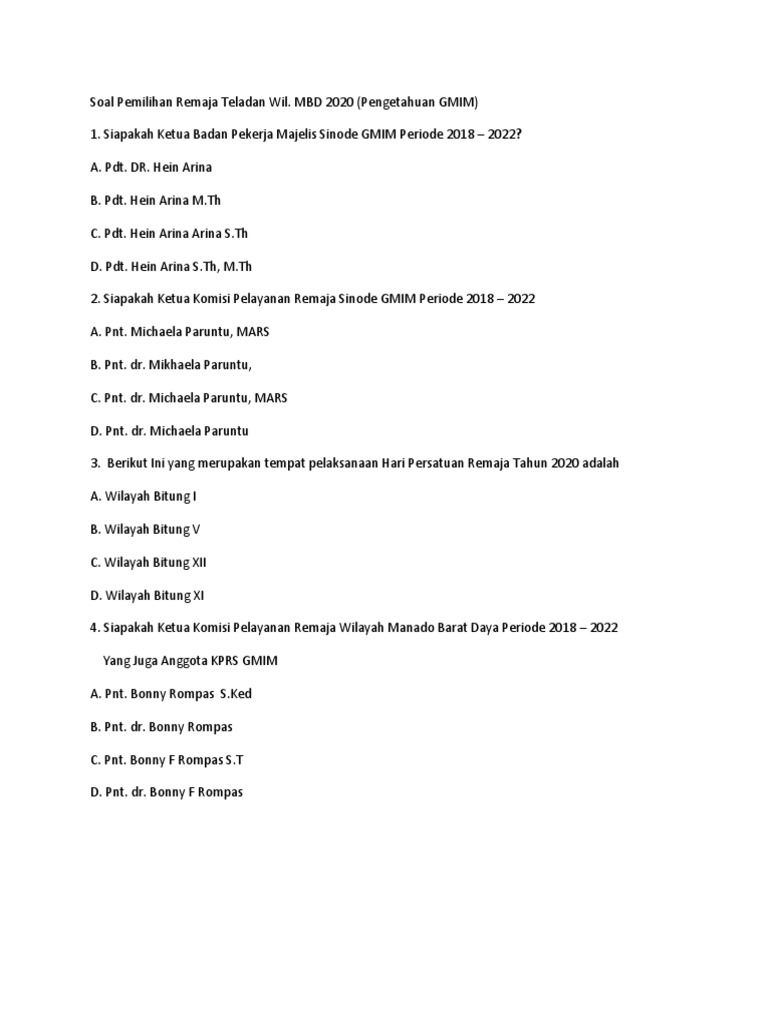Soal Pengetahuan GMIM | PDF