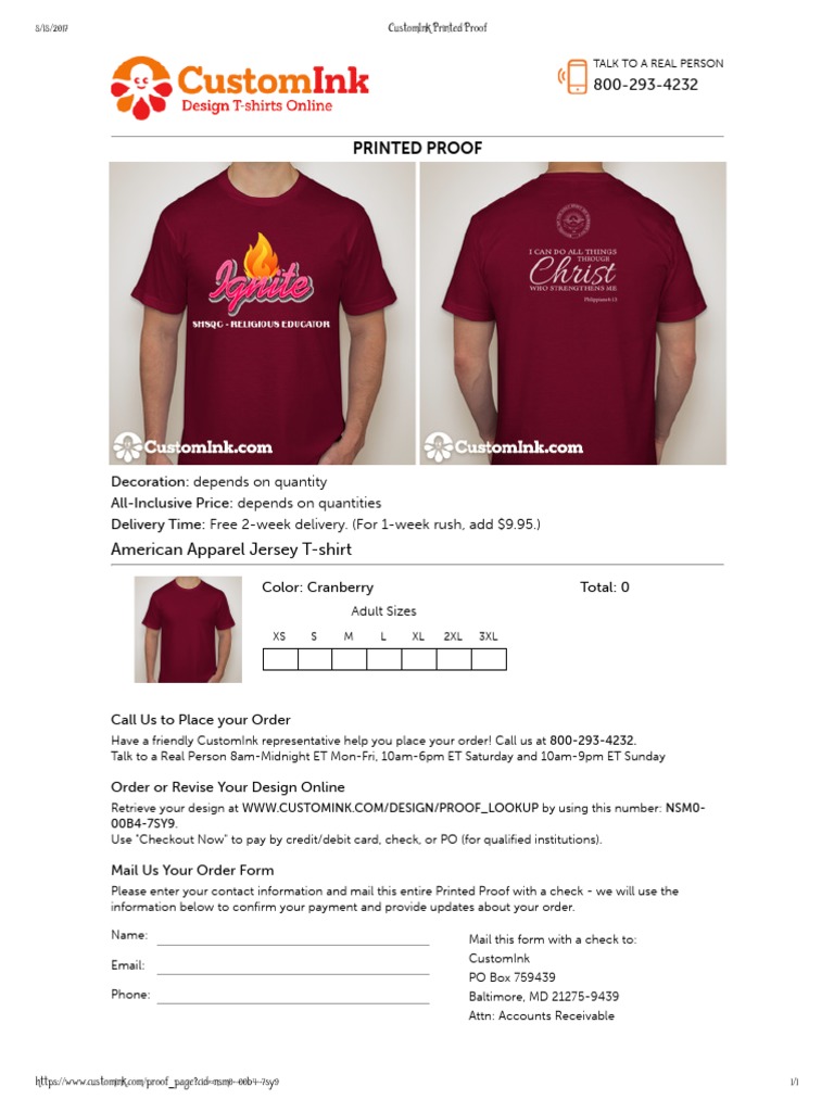CustomInk printed proof order details | PDF