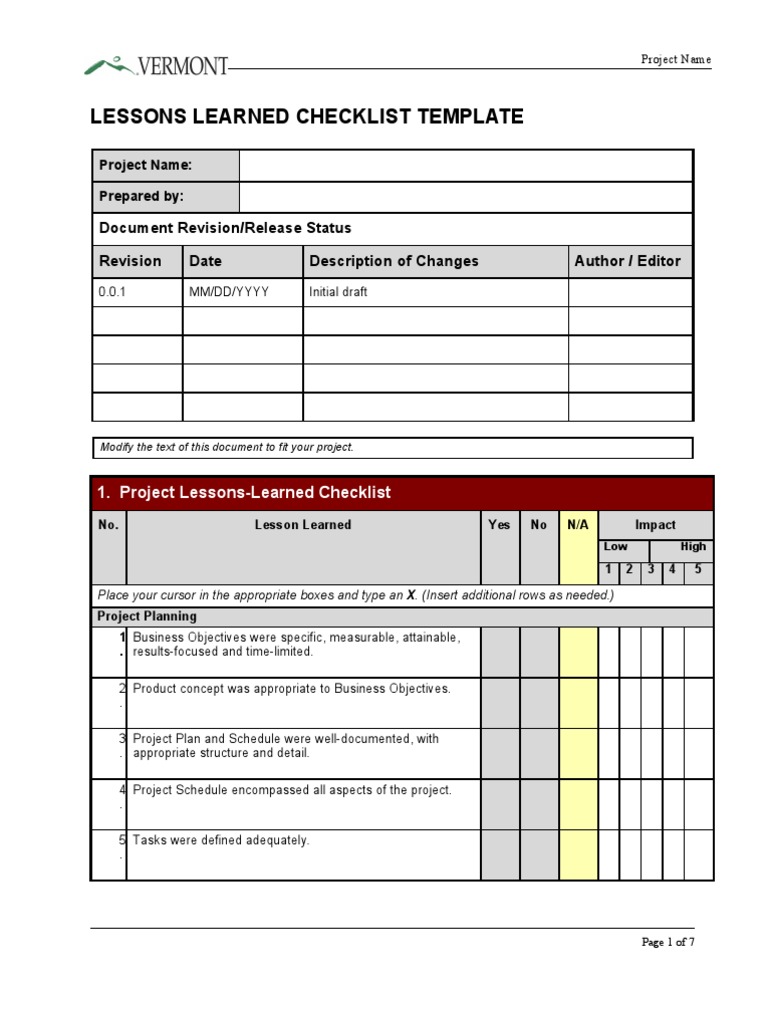 Lessons Learned Checklist Template | PDF | Project Management | Business