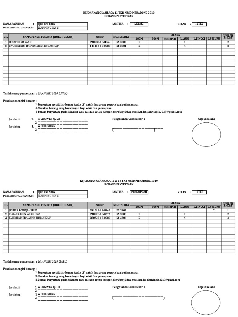 Borang Penyertaan Kejohanan Olahraga | PDF