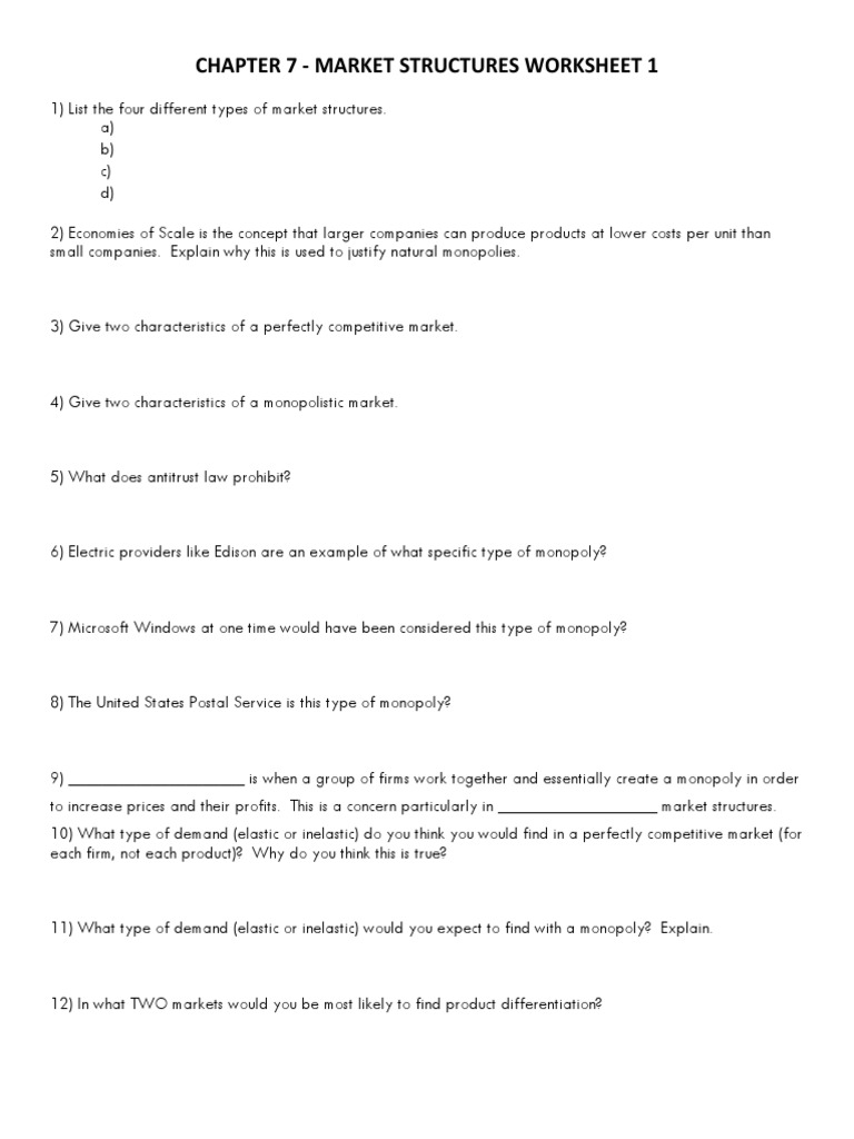 Market Structures Overview Worksheet | PDF