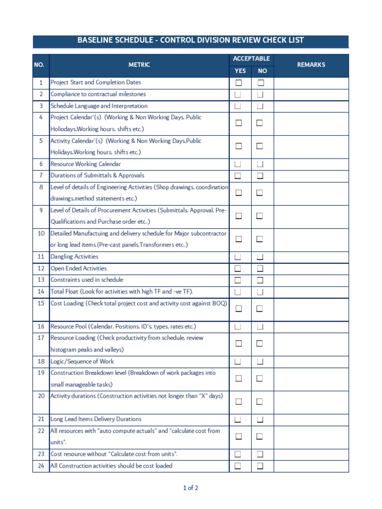 Baseline Schedule Review Check List - Control Division | PDF