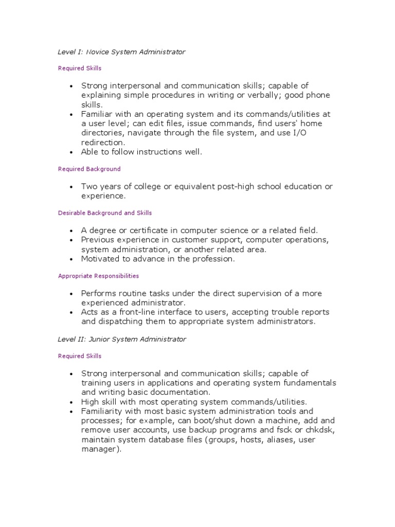 Sys Adm Levels | PDF | System Administrator | Operating System