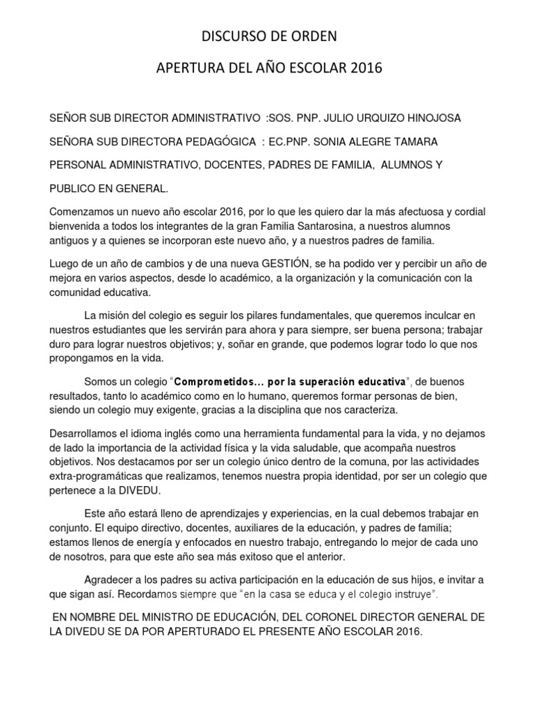 Discurso Apertura Del Año Escolar Pdf