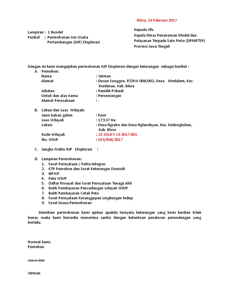 Surat Pengajuan IUP Eksplorasi | PDF