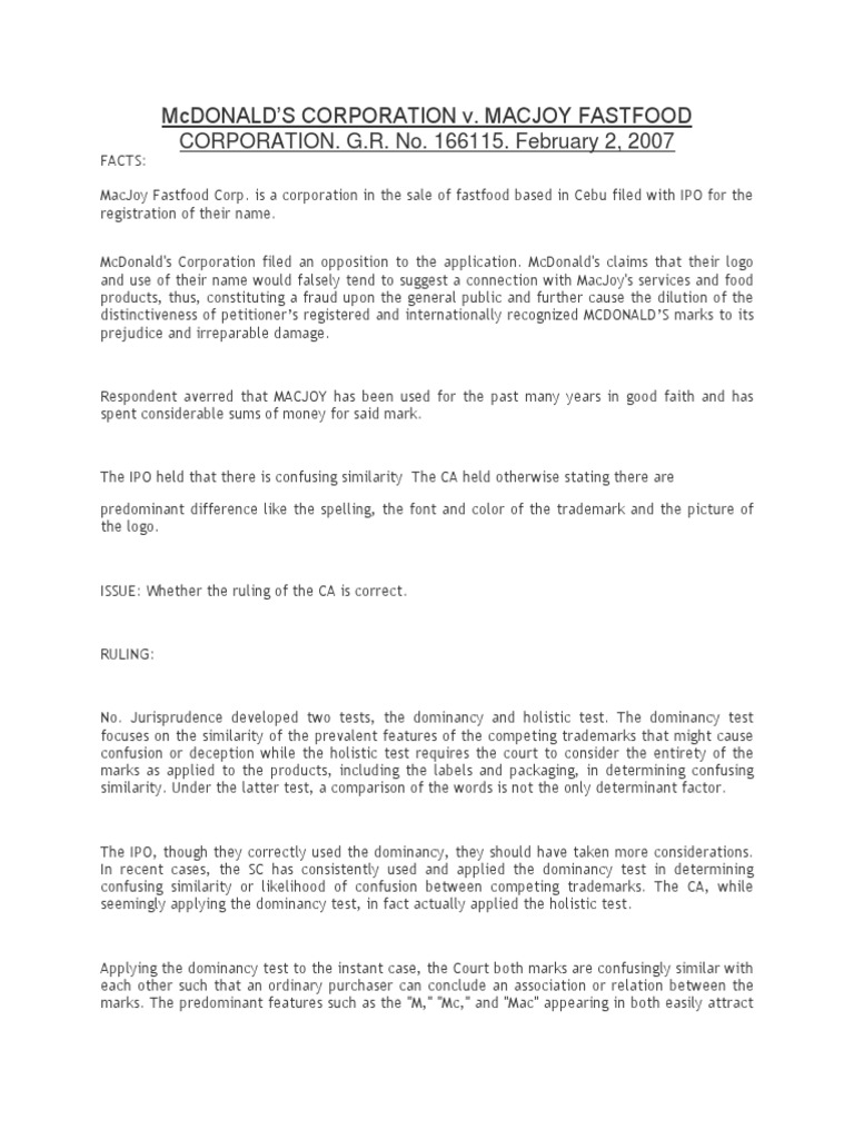 McDONALD'S CORPORATION v. MACJOY FASTFOOD CORPORATION | PDF | Business ...
