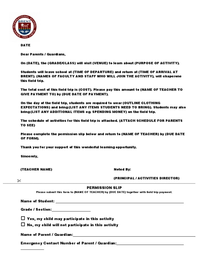Field Trip Permission Letter to Parents | PDF
