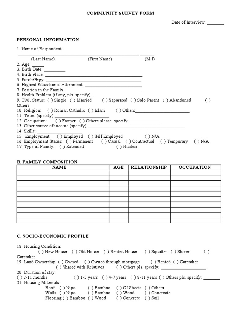 Community Survey Form Template | PDF