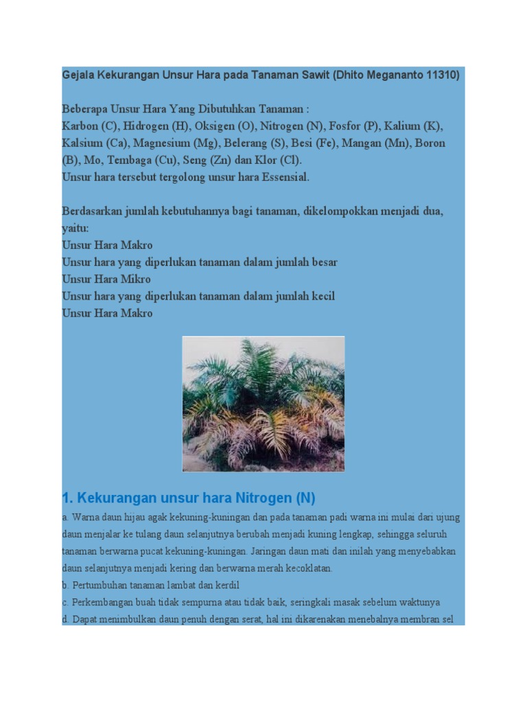 Gejala Kekurangan Unsur Hara Pada Tanaman Sawit | PDF Gejala Kekurangan Unsur Hara Pada Tanaman Sawit | PDF