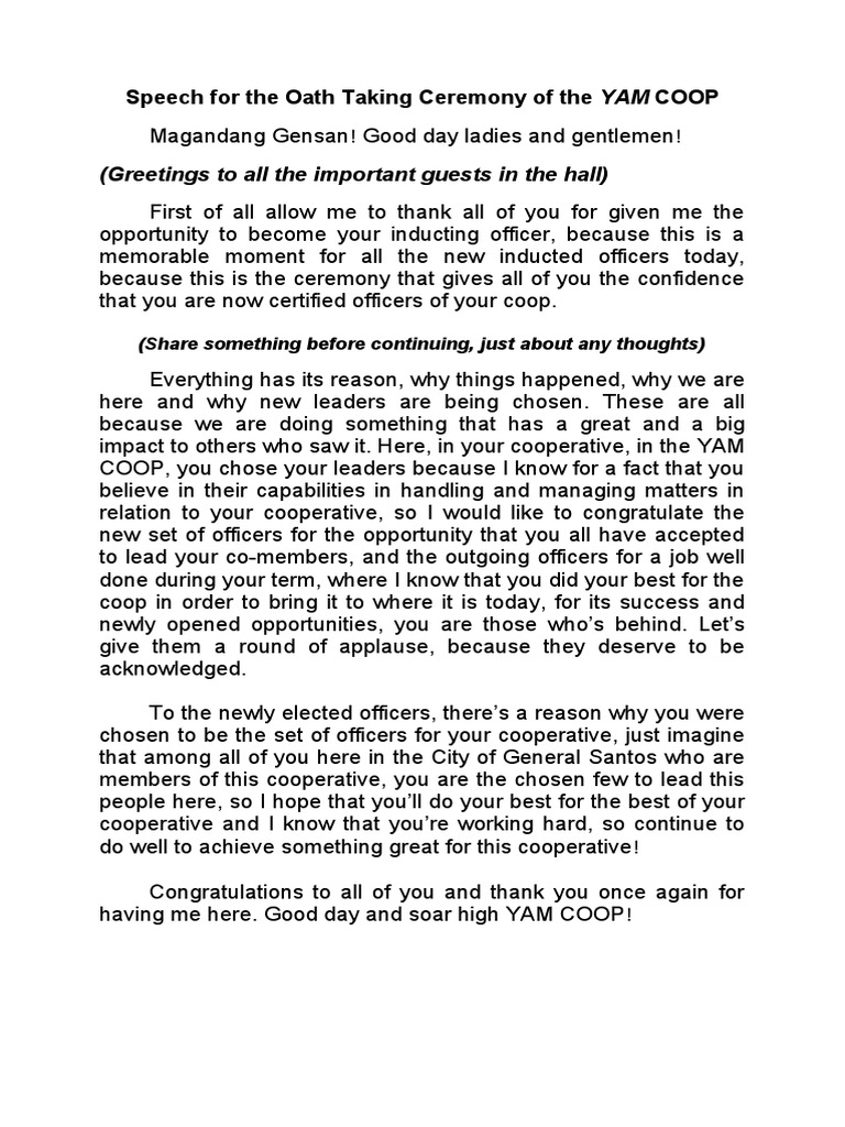 Speech For The Oath Taking Ceremony of YAM CCOP 362020 | PDF