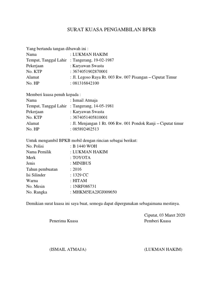 Surat Kuasa Pengambilan BPKB | PDF