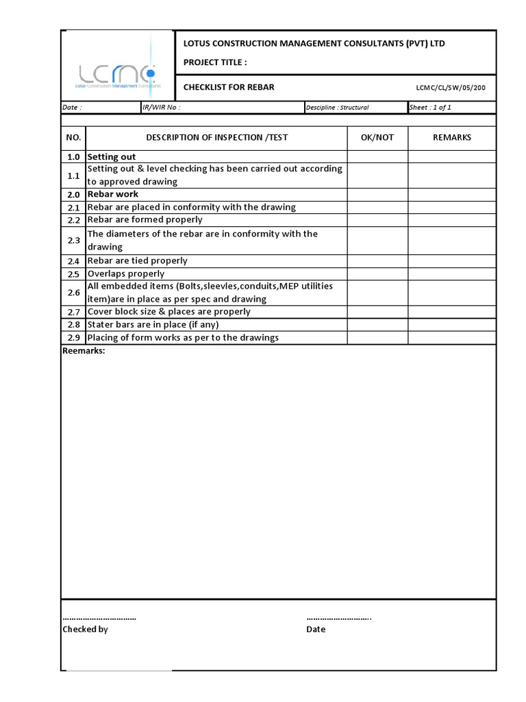 Rebar Checklist for Construction Project | PDF