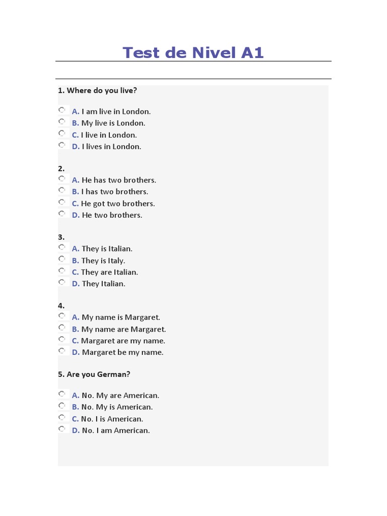 Test de Nivel A1 | PDF