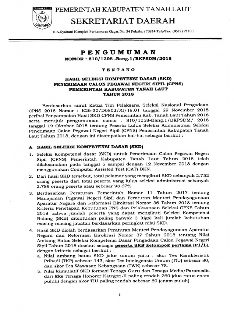 Pengumuman Hasil SKD Tala-S PDF | PDF